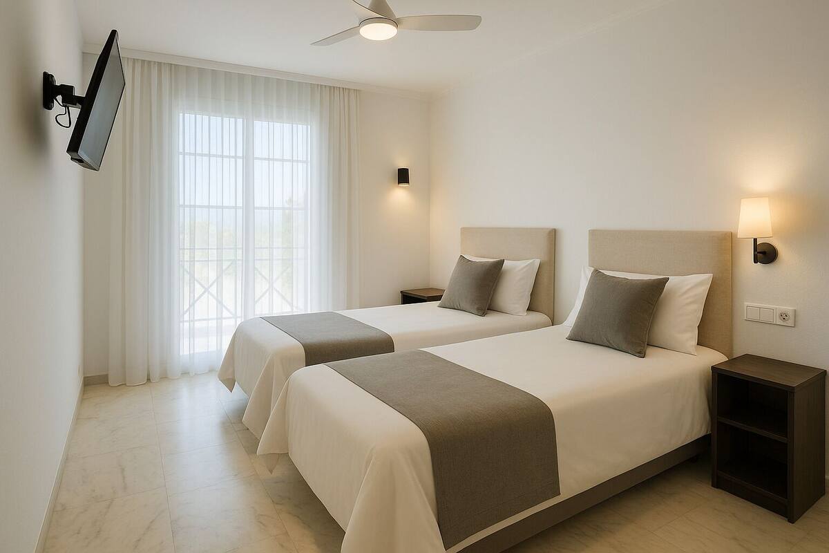 Quarto de hotel com duas camas, televisão presa à parede, ventoinha no teto e mesa de cabeceira com abajur.