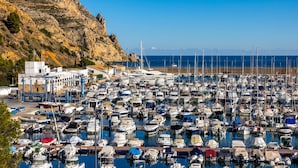 Uma marina repleta de inúmeros barcos atracados no cais, com um penhasco rochoso ao fundo e um céu azul límpido acima.