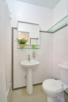 Apartamento luxo, para não fumantes, banheiro privativo | Banheiro | Chuveiro, toalhas de banho, sabonete, shampoo