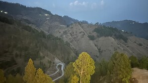 Paisagem montanhosa com estrada sinuosa e floresta densa.