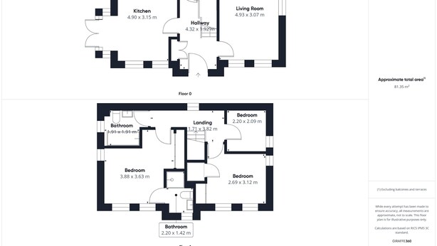 Planta baixa de um hotel com dois andares. Cada andar possui cozinha, sala de estar, banheiro e dois quartos. A área total é de aproximadamente 81,35 m².