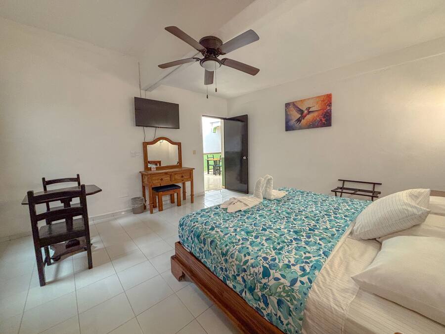 Quarto com cama, escrivaninha, cadeira, ventoinha no teto, televisão e um quadro.