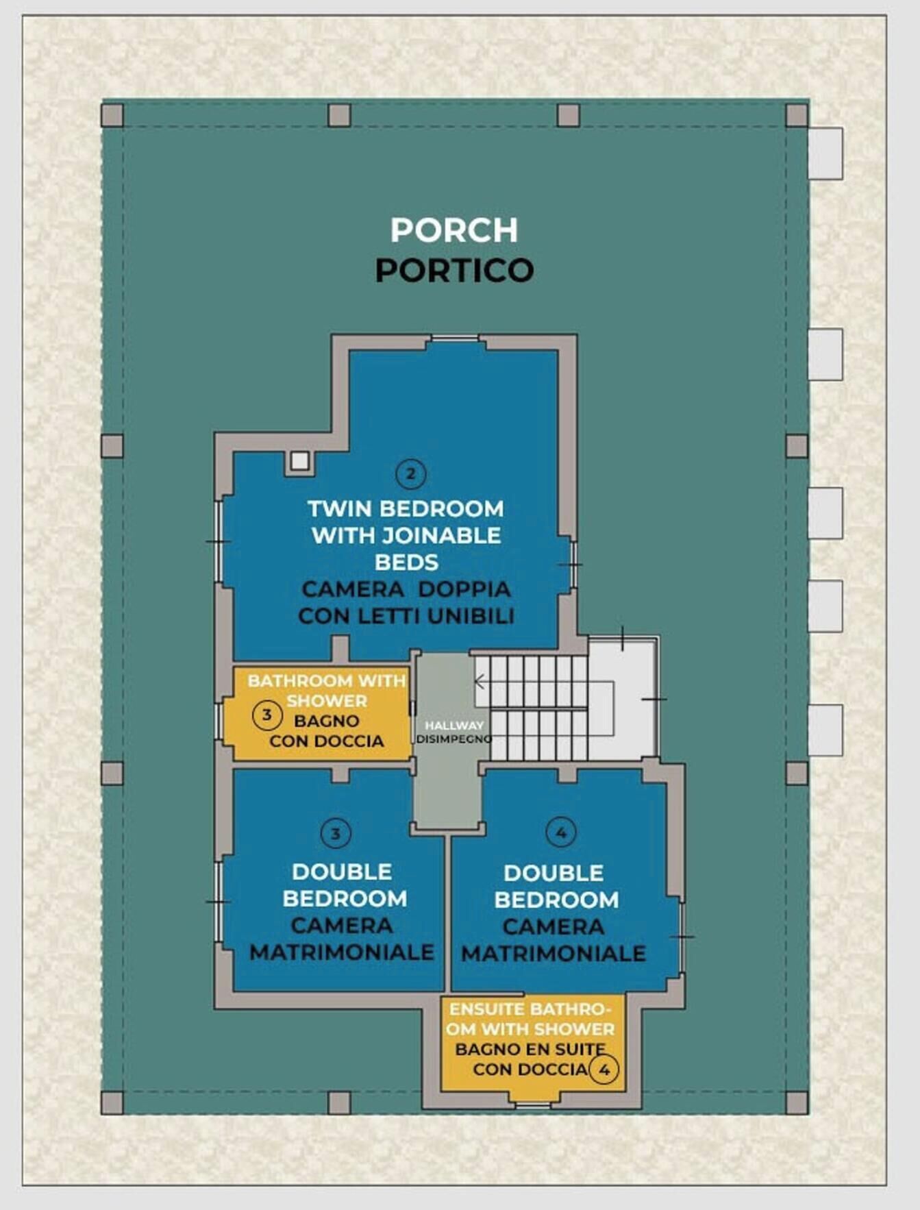 Planta baixa de um quarto de hotel com varanda, quarto duplo com camas que podem ser unidas, banheiro com chuveiro e dois quartos duplos.