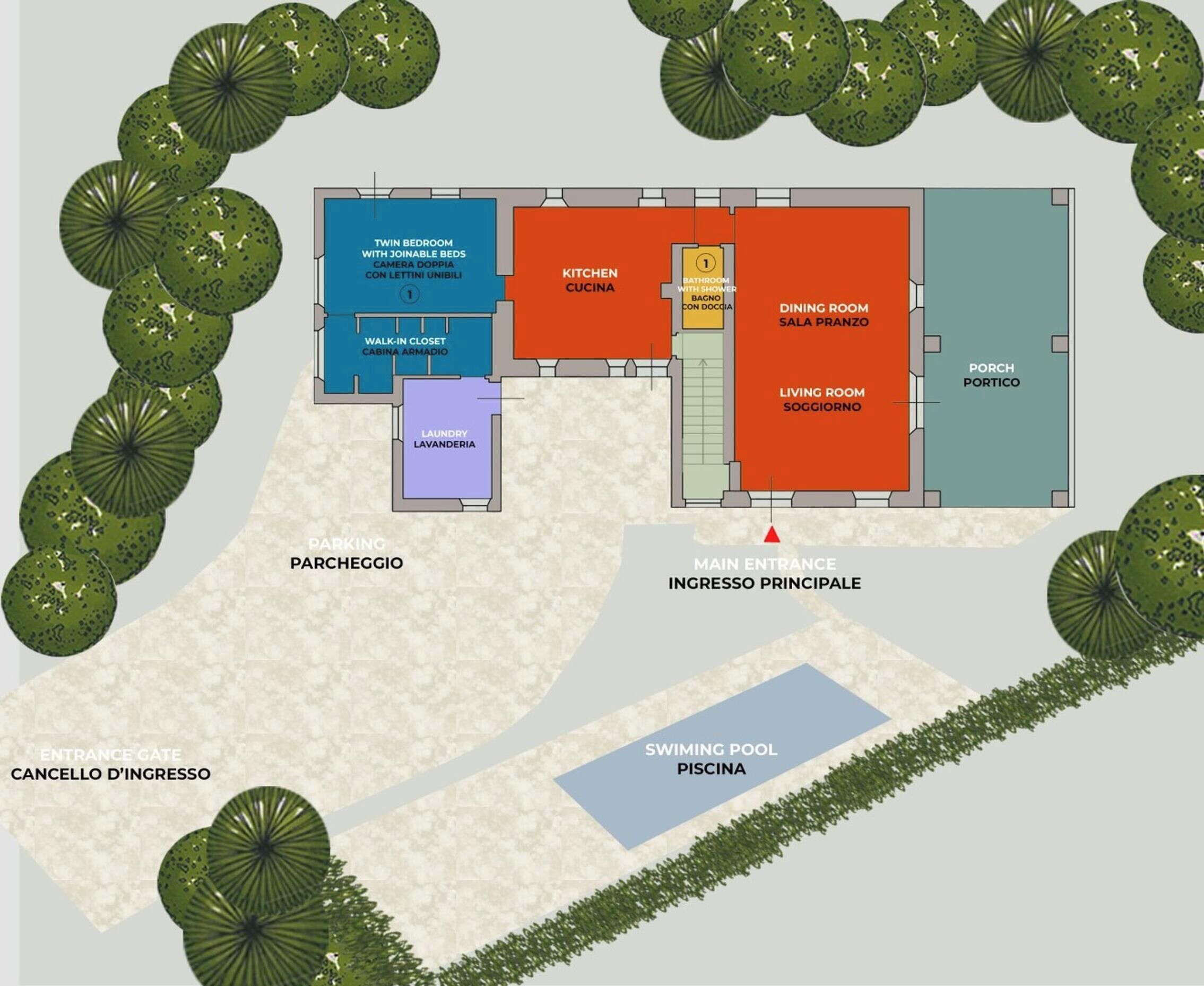 Planta de um hotel com quartos twin, cozinha, sala de jantar, sala de estar, banheiro, estacionamento, portão de entrada e piscina.