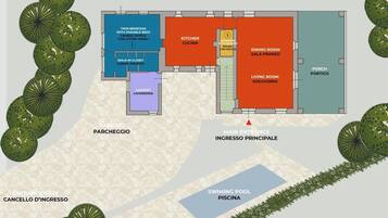 Planta de um hotel com quartos twin, cozinha, sala de jantar, sala de estar, banheiro, estacionamento, portão de entrada e piscina.