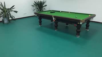Uma mesa de bilhar em um ambiente com piso verde e plantas em vasos.