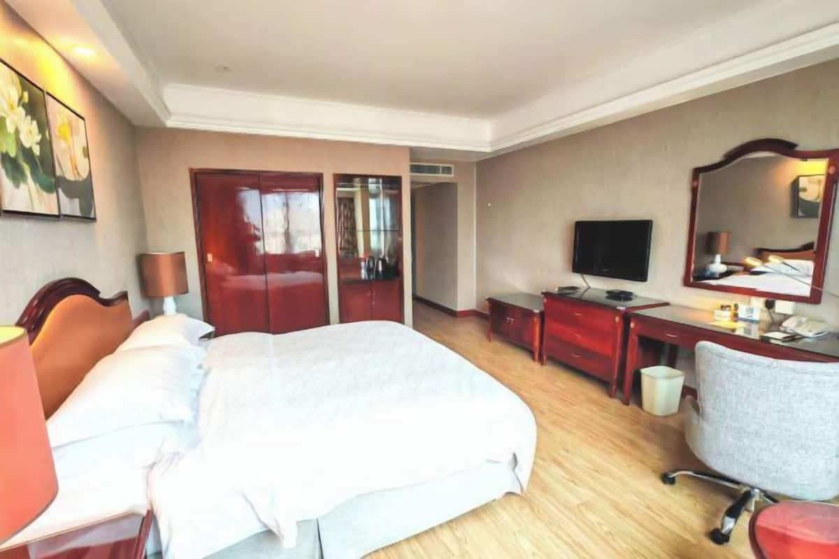 Quarto de hotel com cama, secretária com cadeira, televisão, espelho e guarda-roupa.