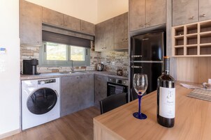 Um frigorífico/congelador grande, um forno, uma chaleira elétrica 