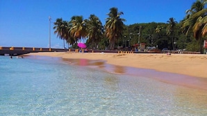 Uma praia com águas cristalinas e rasas, palmeiras e uma orla arenosa.