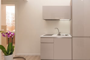 Geladeira, cafeteira/chaleira, chaleira elétrica, produtos de limpeza