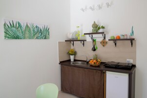 Apartamento Básico | Cozinha privada | Um frigorífico/congelador grande, uma placa de cozinha 