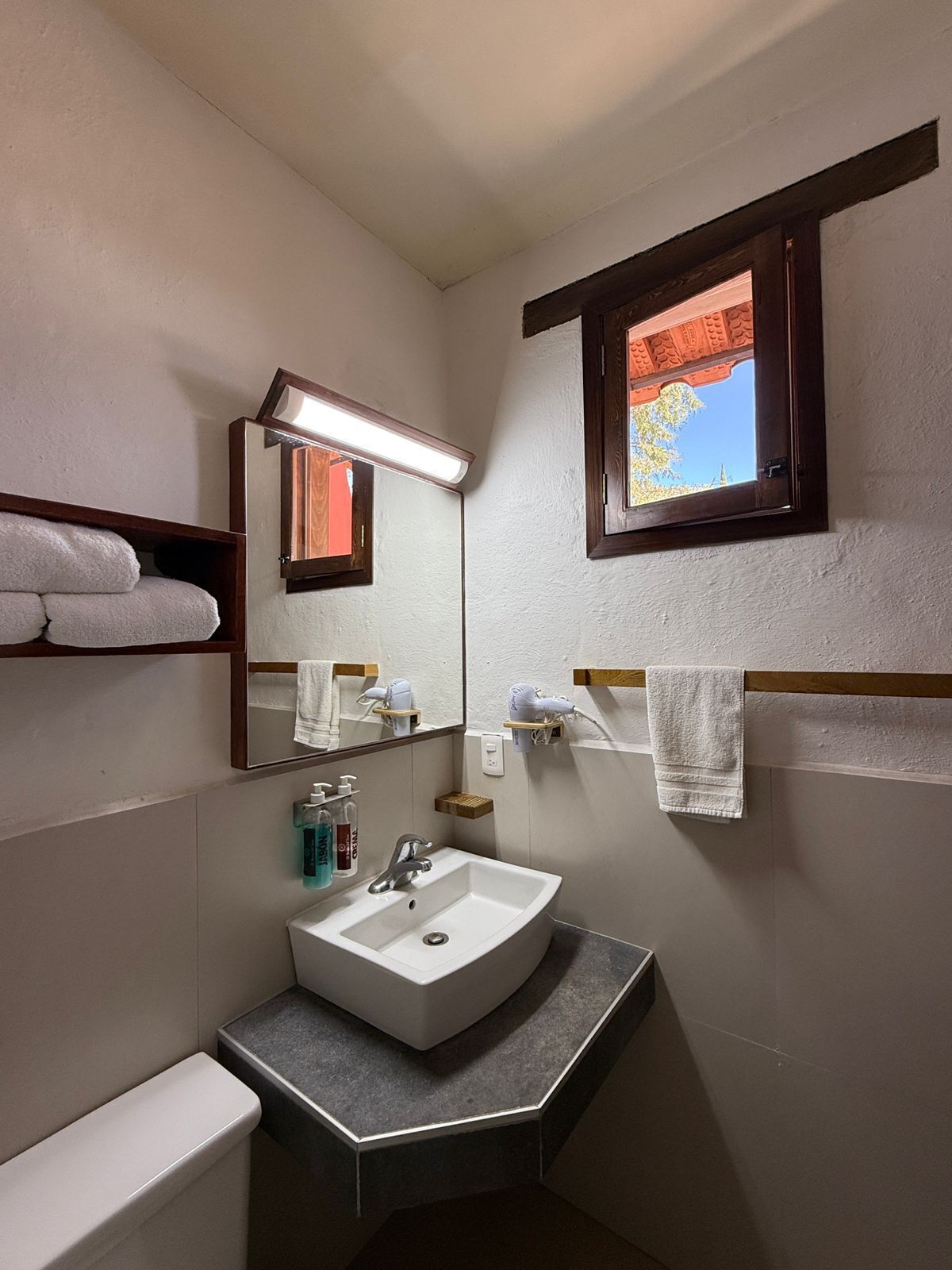 Uma casa de banho com uma pia branca, um espelho, um porta-toalhas e uma janela com vista para árvores e um edifício.
