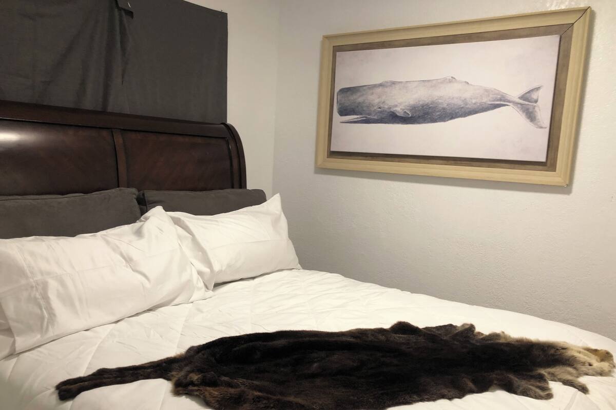 Uma cama com roupa de cama branca e um gato grande de cor escura deitado sobre ela.