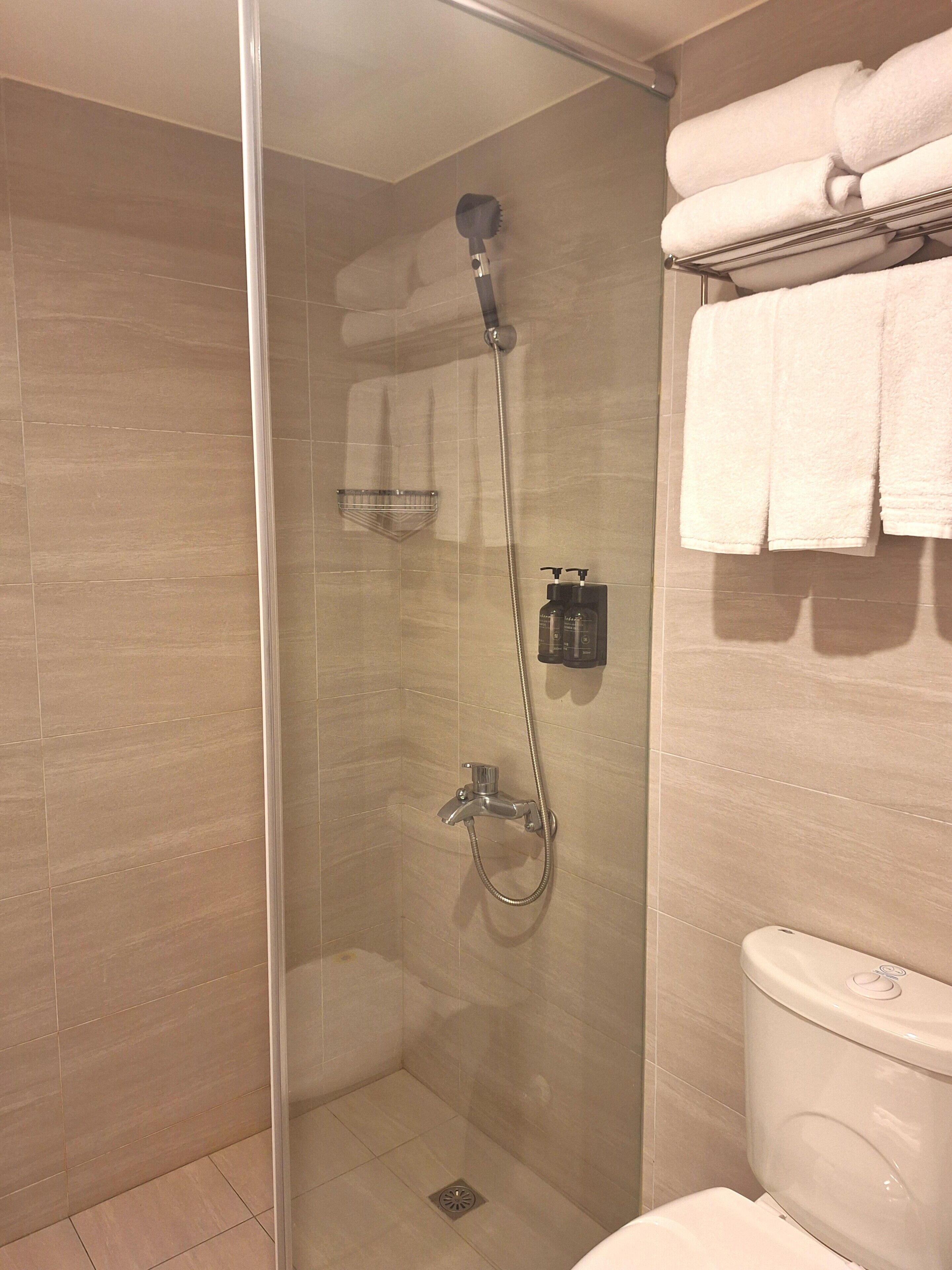 Boxe de vidro com chuveiro manual e torneira embutida na parede. Apresenta um prato de boxe de vidro e um vaso sanitário branco com um porta-toalhas acima.