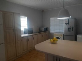 Um frigorífico/congelador grande, um micro-ondas, um forno 