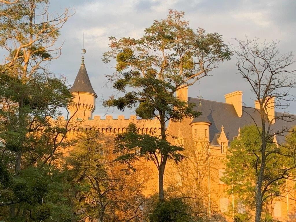 Um castelo com várias torres e ameias, rodeado por árvores.
