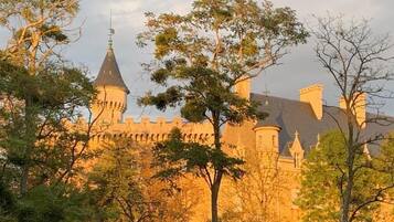 Um castelo com várias torres e ameias, rodeado por árvores.