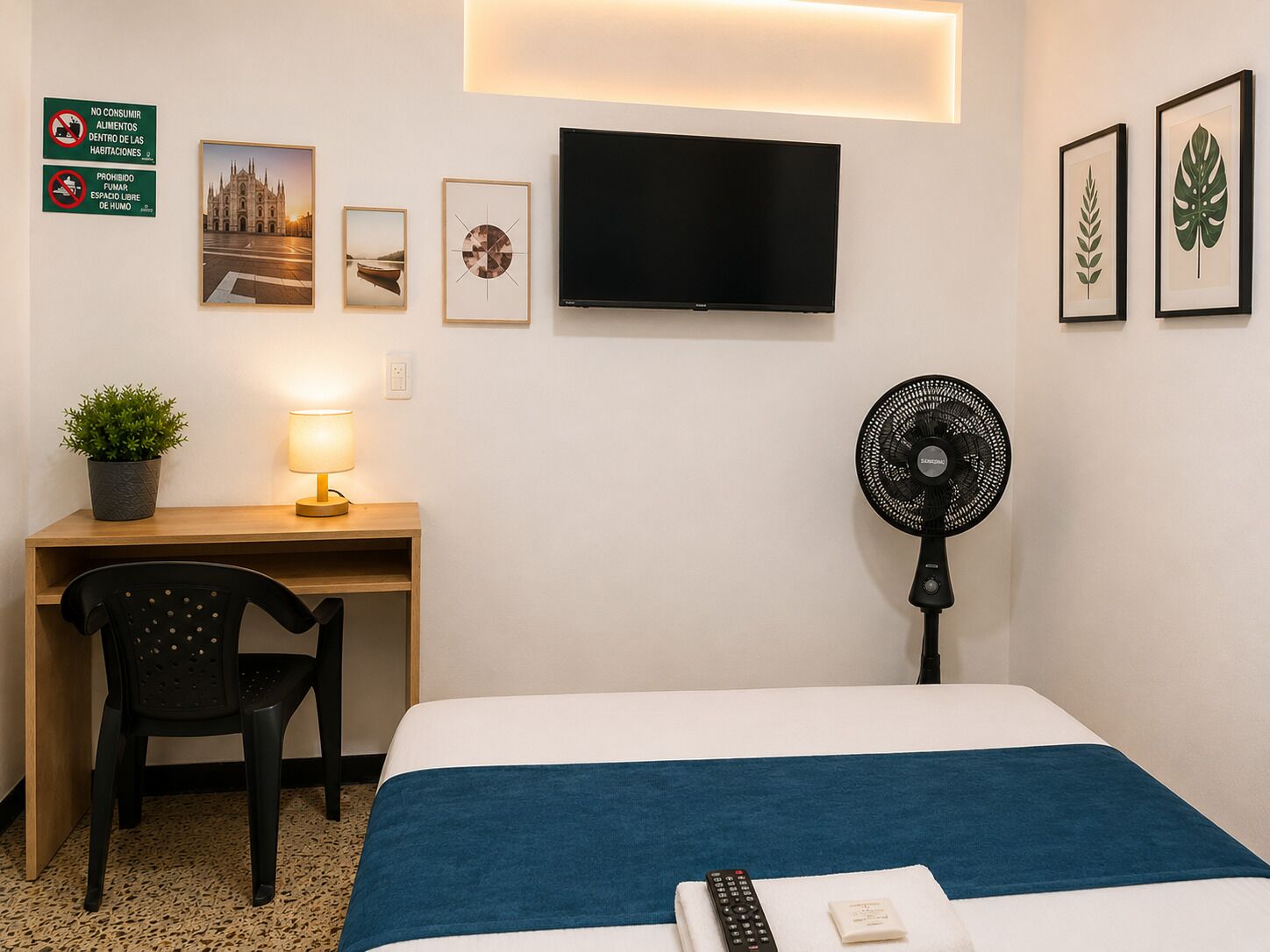 Quarto de hotel com cama, escrivaninha, cadeira, televisão, ventilador e uma pequena planta.