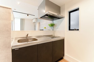 Apartamento luxo, vista para a cidade | Cozinha privada | Geladeira grande, micro-ondas, cooktop, chaleira elétrica