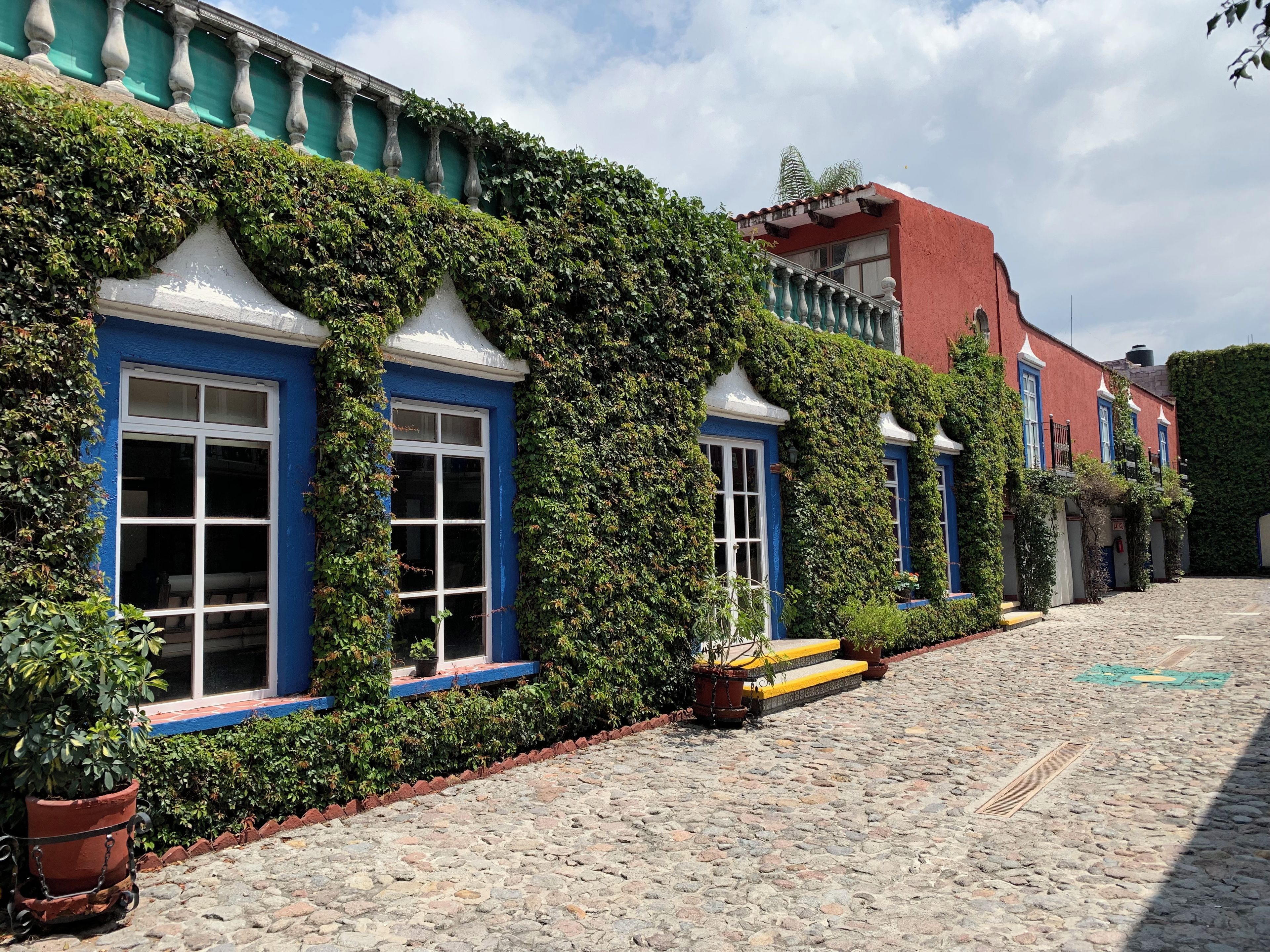 Uma rua de paralelepípedos ladeada por edifícios cobertos de hera, com janelas emolduradas em azul e um prédio vermelho ao fundo.