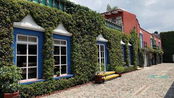 Uma rua de paralelepípedos ladeada por edifícios cobertos de hera, com janelas emolduradas em azul e um prédio vermelho ao fundo.