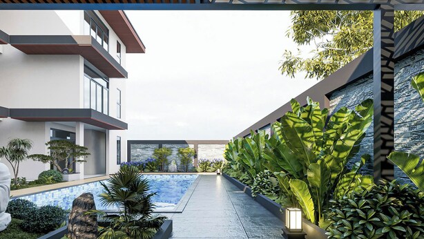 Uma área externa moderna com piscina, caminho de pedra e vegetação exuberante.