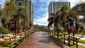 Uma passarela de madeira com guarda-corpos de metal, ladeada por palmeiras e uma montanha ao fundo.