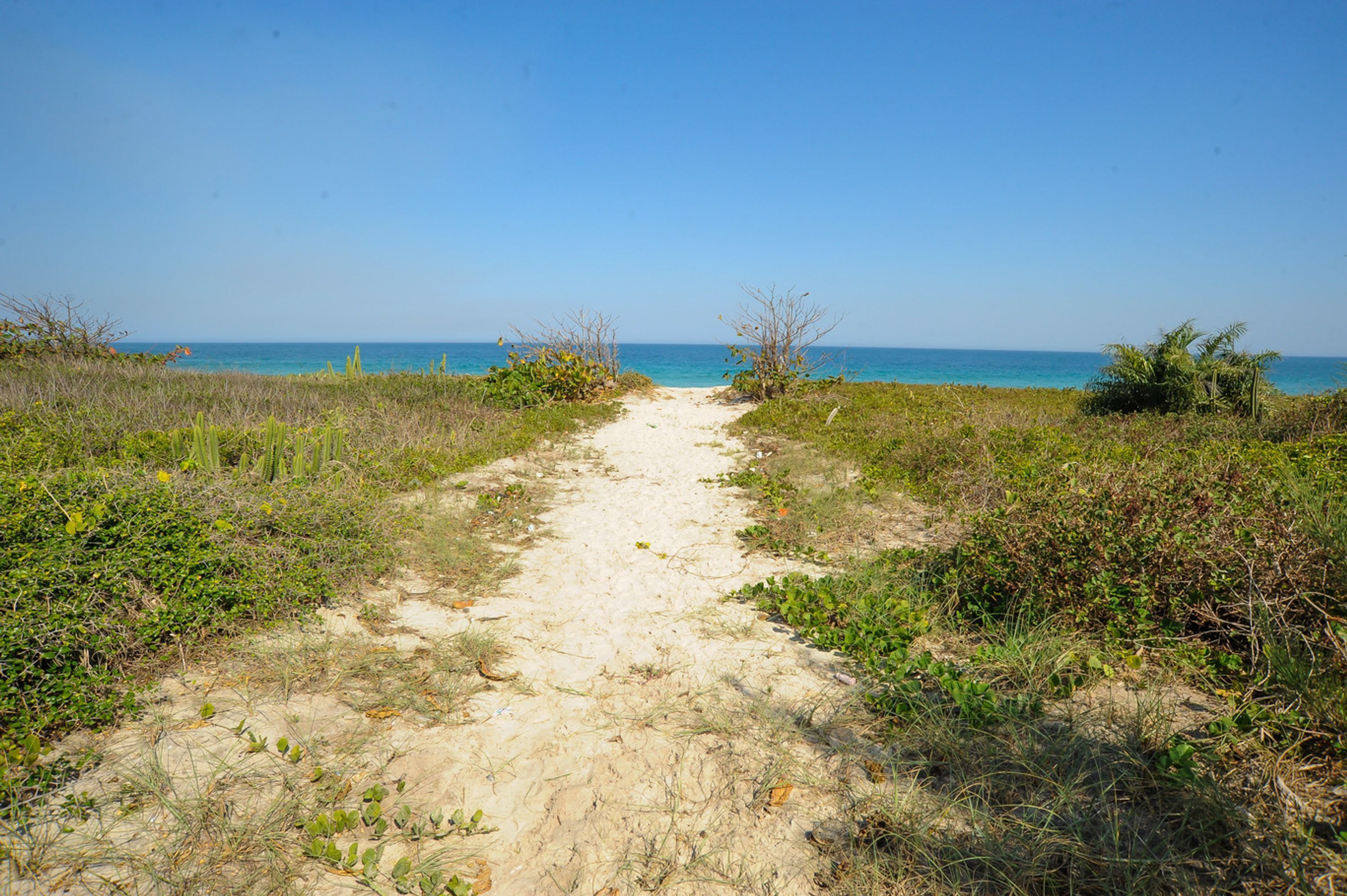 Um caminho de areia que leva a uma praia com águas azul-claras.