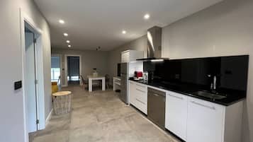 Apartamento Deluxe, vista para o rio | Cozinha privada | Um frigorífico/congelador grande, um micro-ondas, uma placa de cozinha