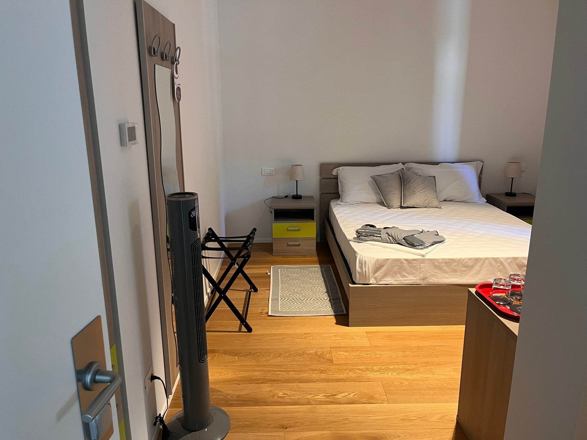 Quarto com cama, mesas de cabeceira, aquecedor, espelho e um tapete pequeno.