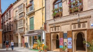 Rua com edifícios, alguns com varandas e plantas em vasos. Há pessoas caminhando e uma loja com porta verde.