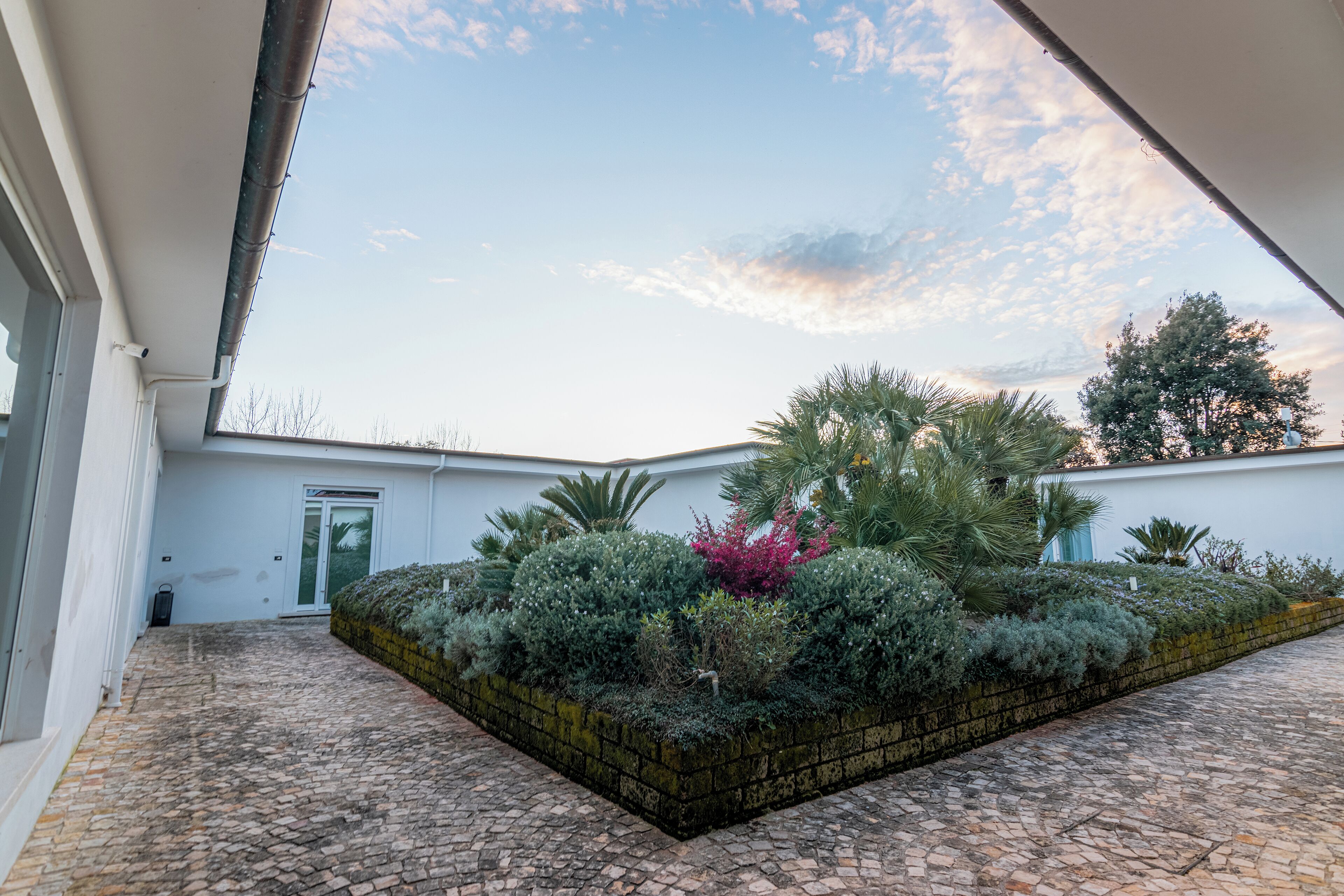 Um pátio com piso de azulejos, um canteiro de tijolos com diversas plantas e um edifício branco com porta e janelas.