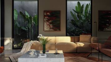 Two Bedroom Pool Villa with Fully Equipped Kitchen | Sala de estar | Smart TV de 42 polegadas com canais digitais