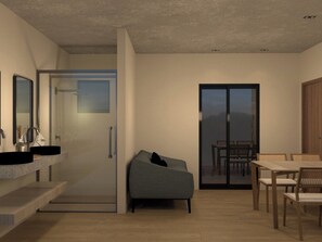 Quarto Quádruplo Premium, varanda | Secretária adequada para computadores portáteis, Wi-fi grátis 