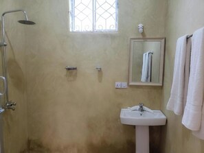Casa de banho com chuveiro, lavatório, espelho e janela.