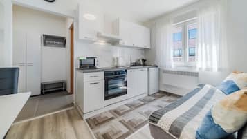 Um frigorífico, um micro-ondas, um forno, uma placa de cozinha