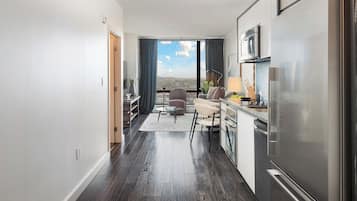 Apartamento superluxo, 1 cama Queen e sofá-cama, para não fumantes, ar-condicionado | Cozinha privada | Geladeira, cooktop, lava-louças, máquina de café expresso