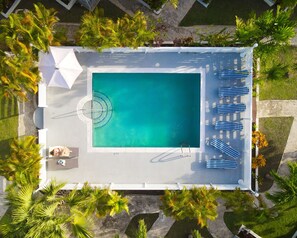 Vista aérea de uma piscina retangular com prancha de mergulho, cercada por palmeiras e espreguiçadeiras.