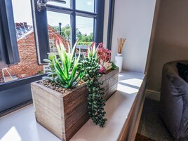Janela com vista para um edifício de tijolos e uma caixa de madeira com diversos suculentos.