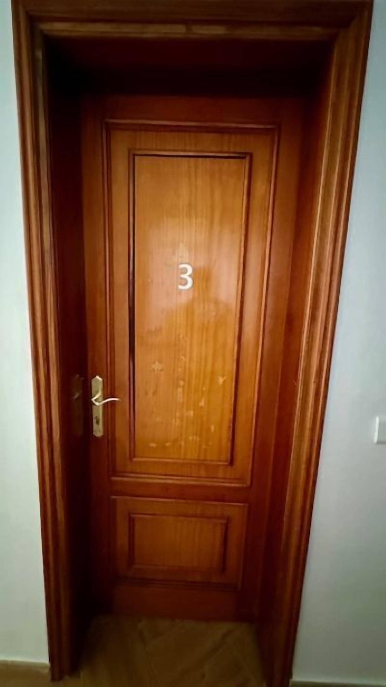 Uma porta de madeira com o número 3, um puxador e um pequeno degrau até o chão.