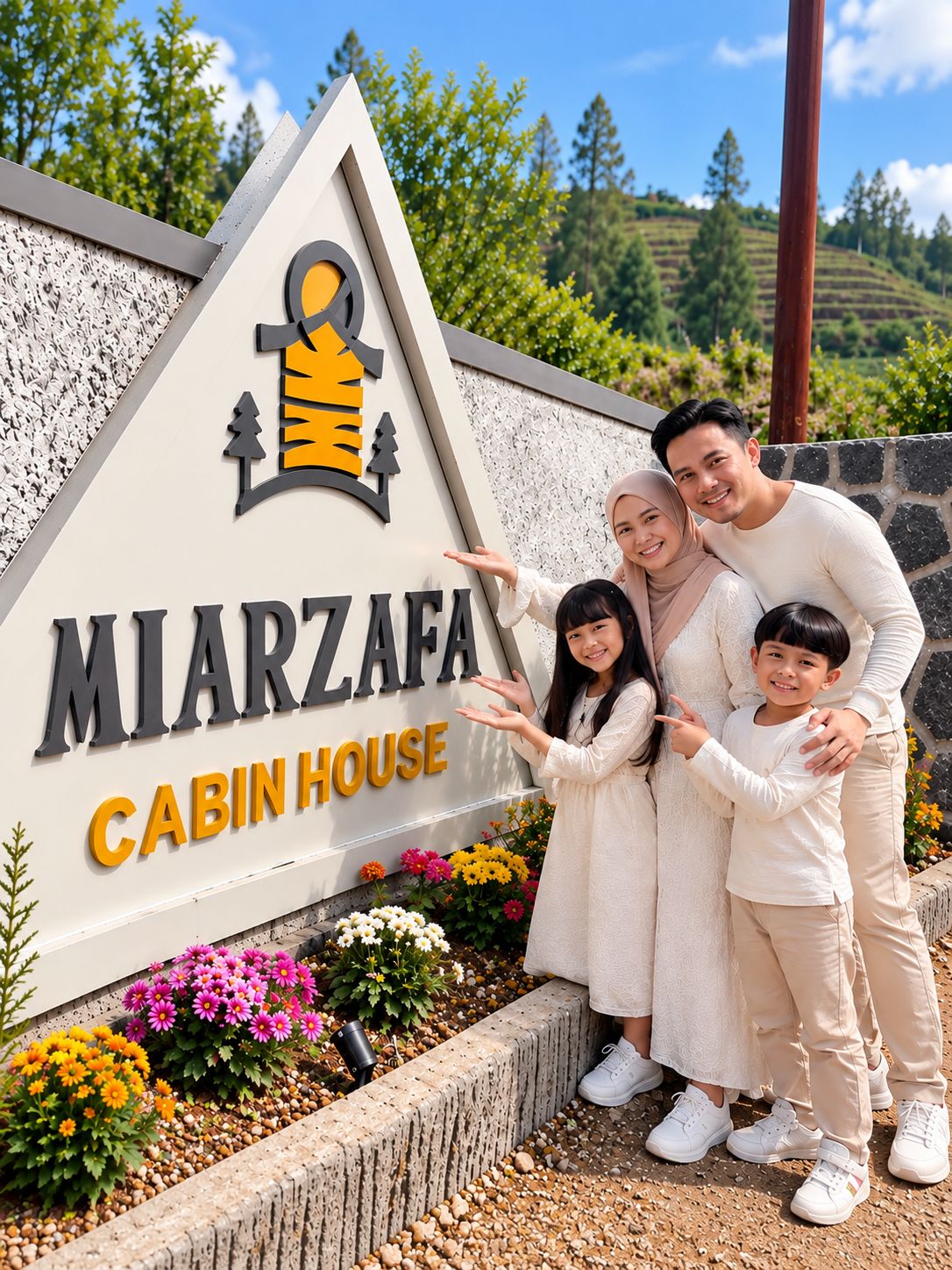 Uma família posando em frente a uma placa que diz 'Miarzafa Cabin House', com uma paisagem montanhosa ao fundo.