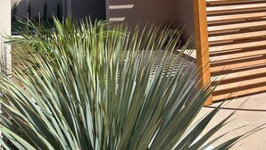 Um edifício moderno com telhado plano, janelas amplas e estrutura de ripas de madeira.