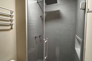 Um box de chuveiro moderno com porta de vidro, um porta-toalhas na parede e um chuveiro.