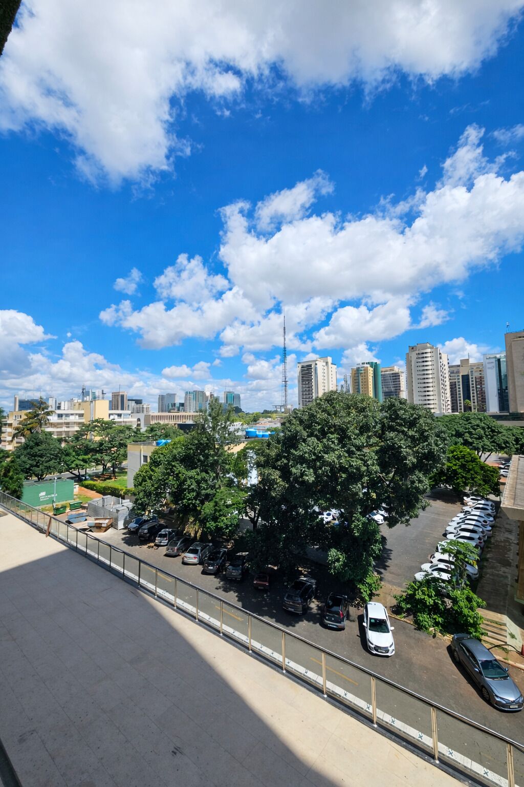Um estacionamento com carros, uma área arborizada e o horizonte da cidade ao fundo.