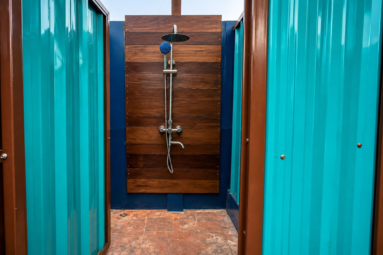 Área de chuveiro com parede de painel de madeira, chuveiro manual e massageador manual.