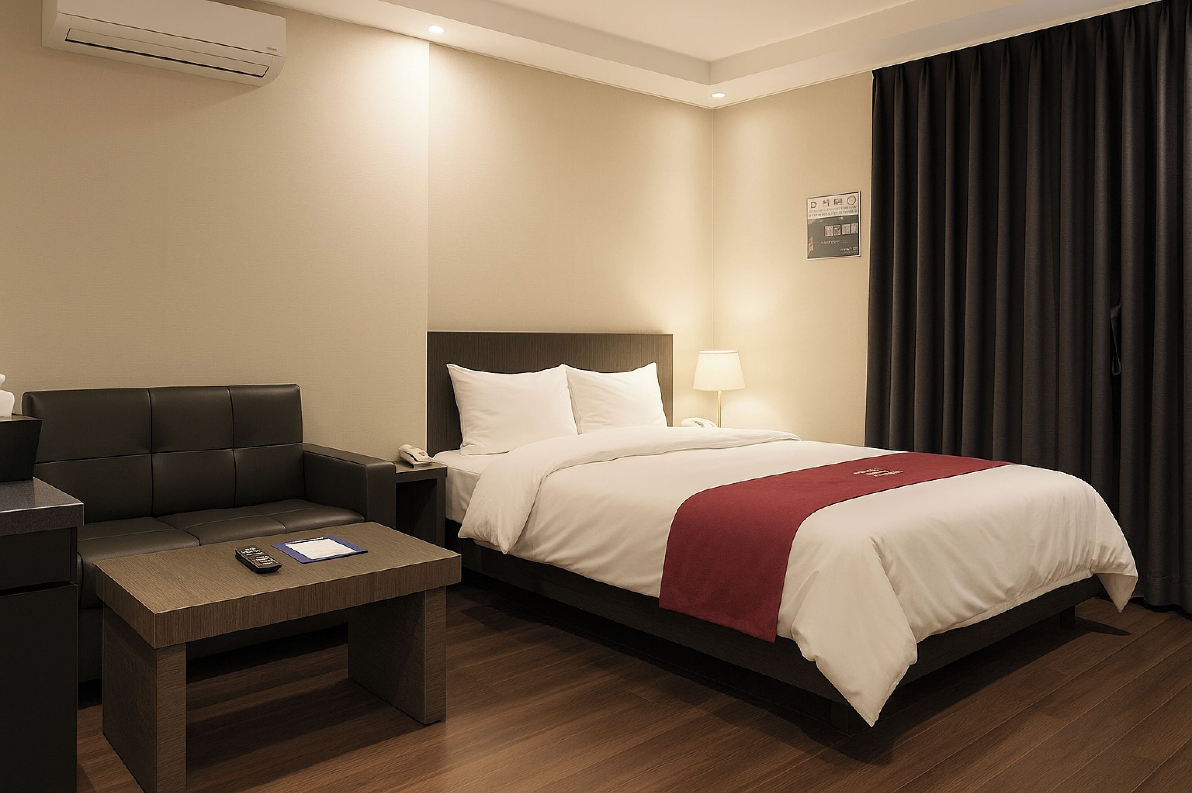 Quarto de hotel com cama, escrivaninha, cadeira, mesa de cabeceira e abajur.