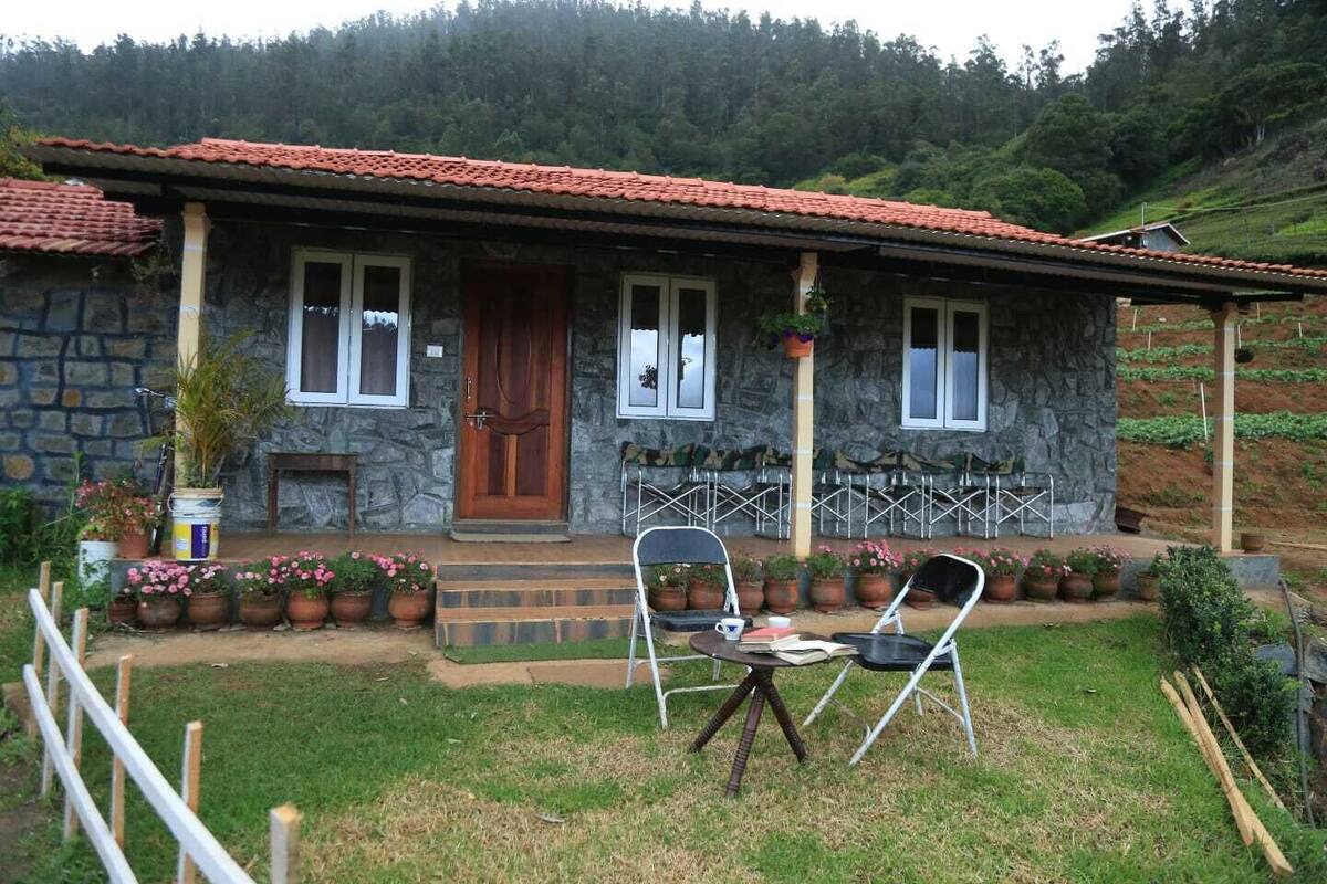 Uma casa de pedra com telhado de telhas vermelhas, porta de madeira e um pequeno alpendre com plantas em vasos.