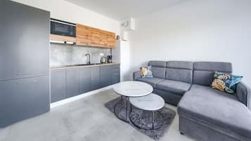 Apartamento (1F) | Cozinha privada | Geladeira, cooktop, chaleira elétrica
