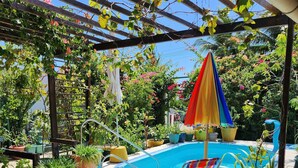 Uma área de piscina com pérgola de madeira, plantas em vasos e um guarda-sol colorido.