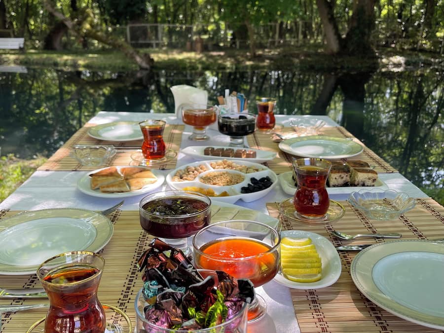 Uma mesa posta ao ar livre com diversos pratos e bebidas, cercada por árvores e um corpo de água.